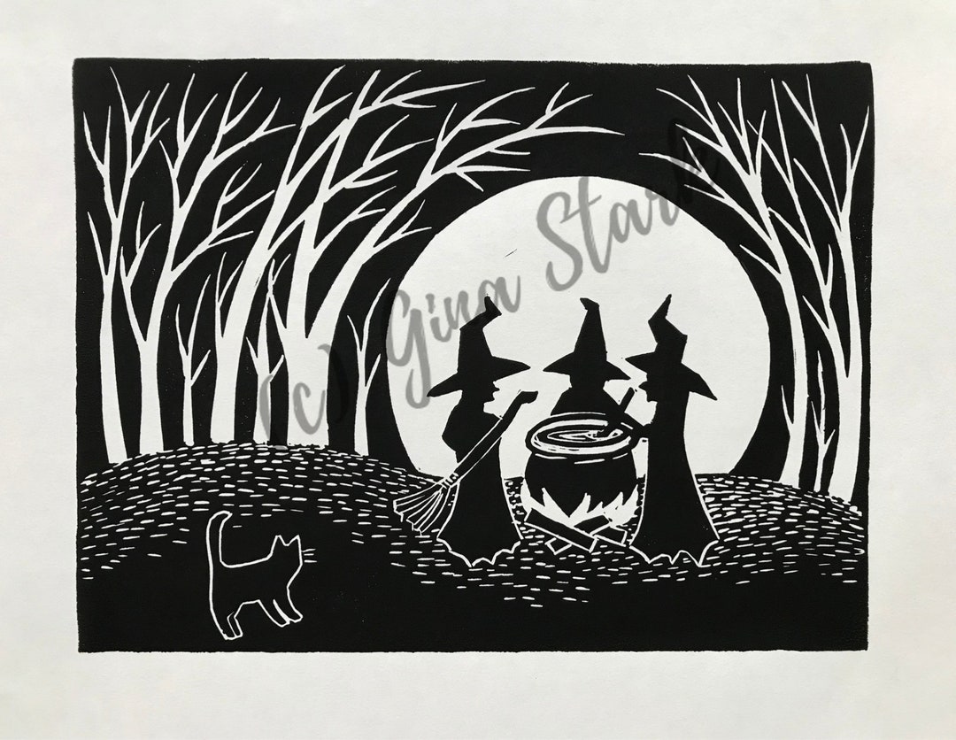 Three Witches Linocut Print, Kitchen Witch, Whimsical Witches Original ...