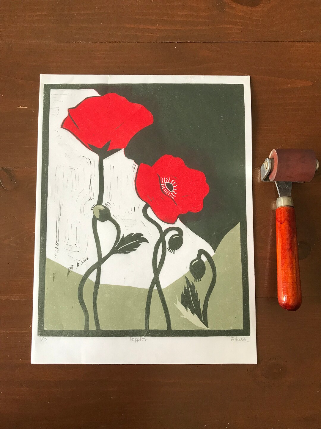 Poppies Floral Art Linocut Print - Poppies Limited Edition Reduction ...
