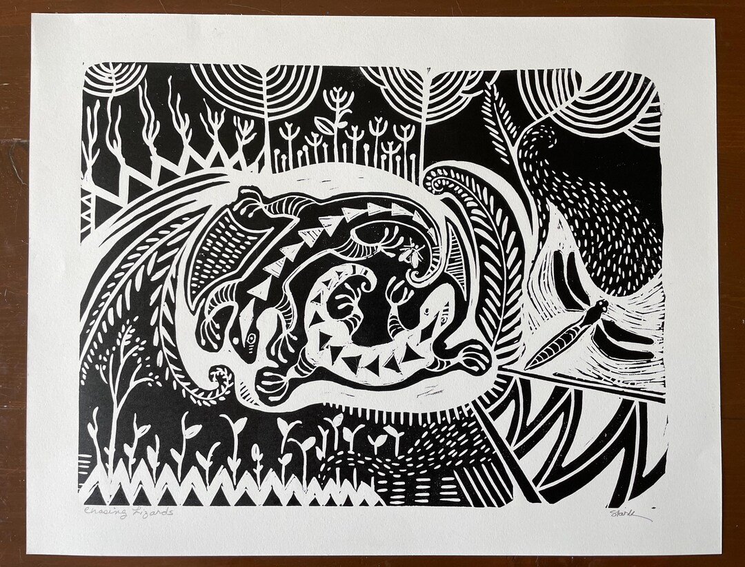 Yard Lizards Black and White Lino Cut Print. - Etsy