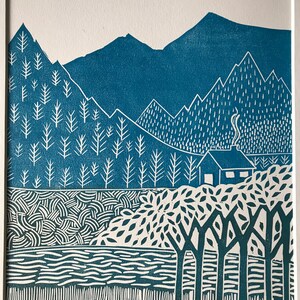 Cabin in the Mountain Linocut Print Blue Mountains - Etsy