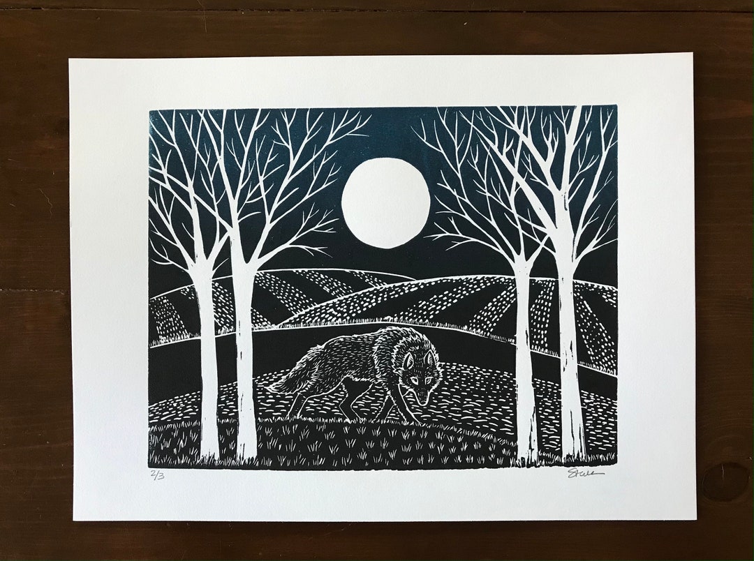 Black Wolf Full Moon Lino Print Wolf Wall Art - Etsy