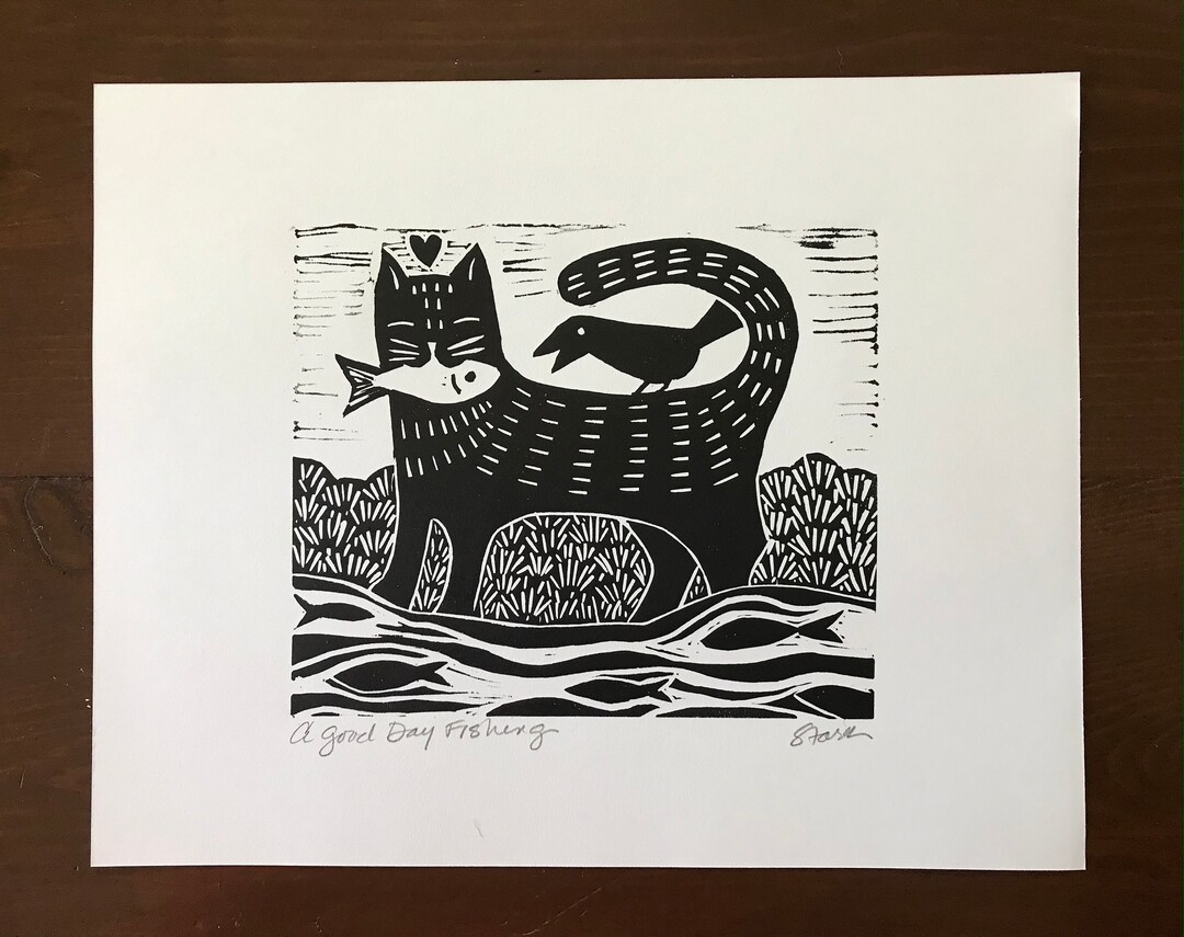 Fishing Cat Linocut Print, Linocut Cat Primitive Folk Art, Whimsical ...