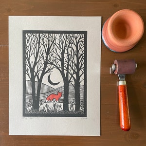 Folk Art Style Fox Lino Print Small Wall Art Artist Signed by Gina ...