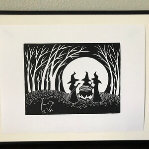 Three Witches Linocut Print, Kitchen Witch, Whimsical Witches Original ...
