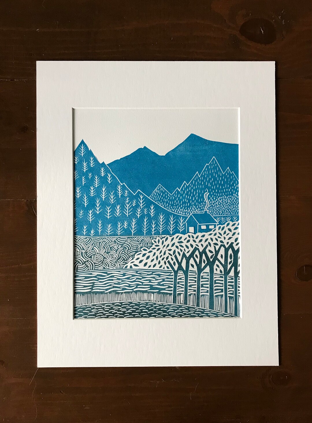 Cabin in the Mountain Linocut Print Blue Mountains - Etsy