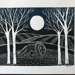 Black Wolf Full Moon Lino Print Wolf Wall Art - Etsy