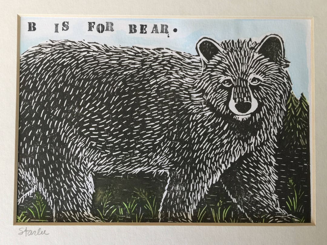 Bear Lino Print, Original Bear Wall Art, Nursery Wall Art, Rustic Bear ...