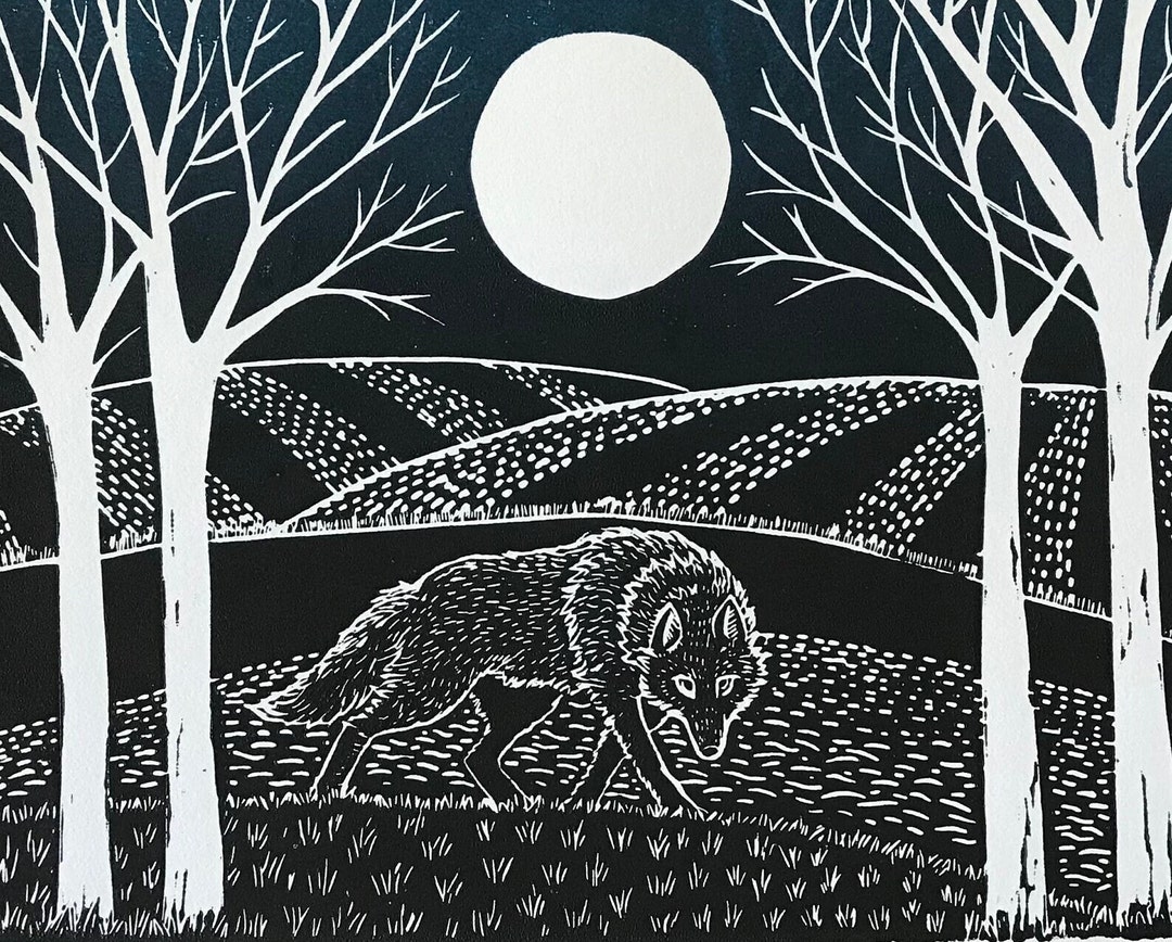 Black Wolf Full Moon Lino Print Wolf Wall Art - Etsy