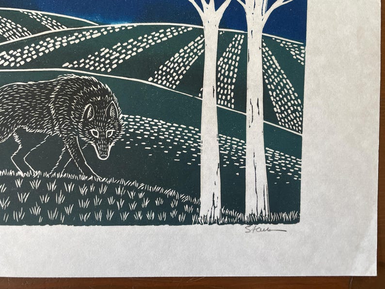 Black Wolf Full Moon Lino Print - Wolf Wall Art - Etsy
