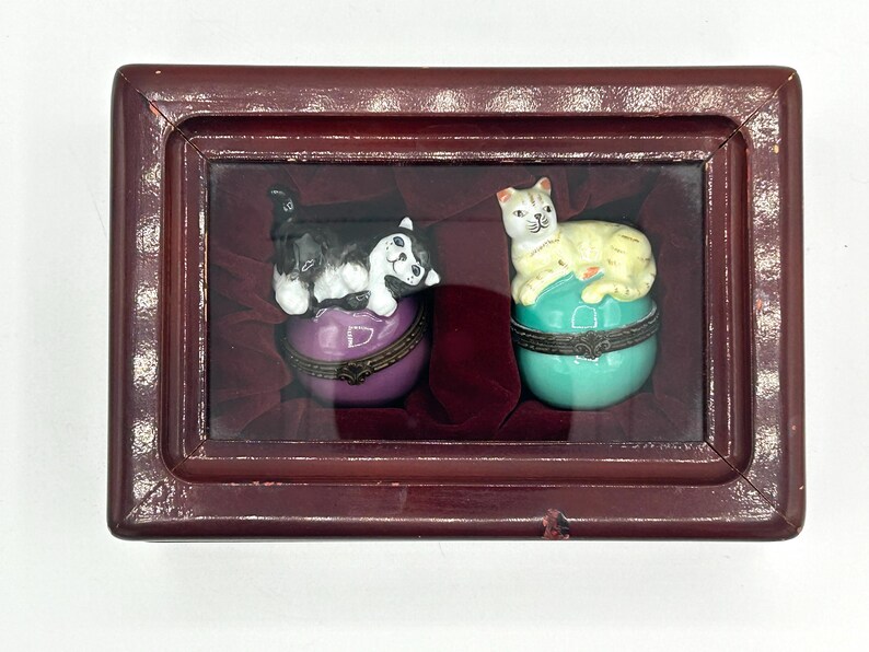 Vintage Cat Porcelain Trinket Box Set in Wooden Display Case | Limoges ...