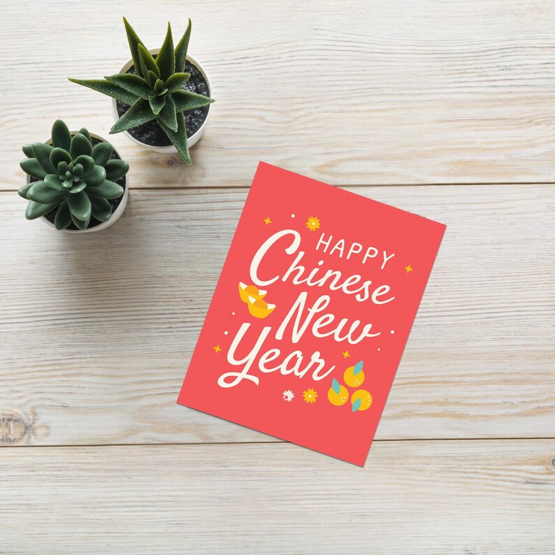 Chinese New Year Card | Cursive Red Gold Ingots & Oranges Dragon ...