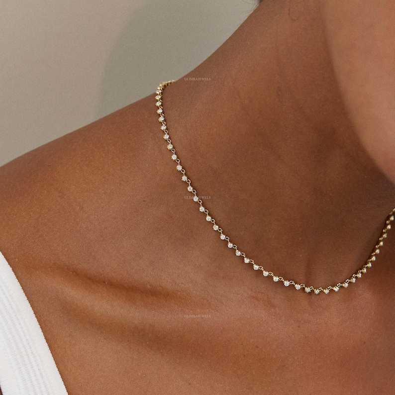 Round Diamond Tennis Choker Necklace 14k Solid Gold Minimalist Dainty ...