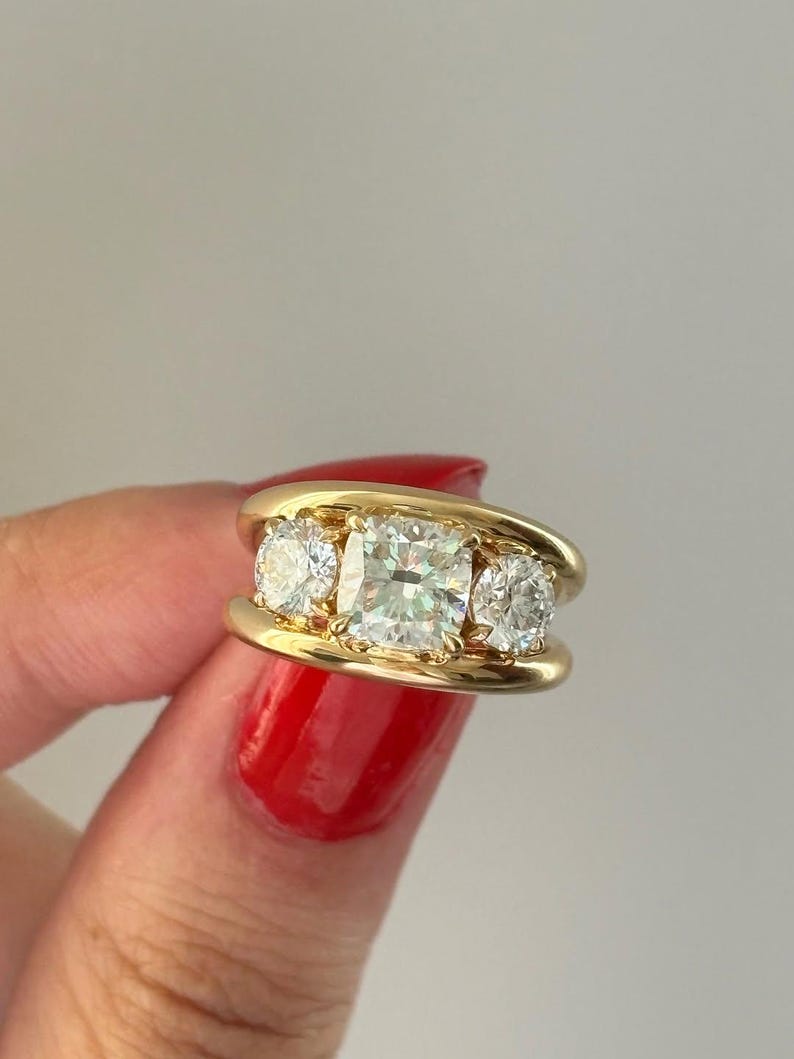 14k Real Solid Gold Trilogy Diamond Ring Three Stone Prong Set Diamond ...