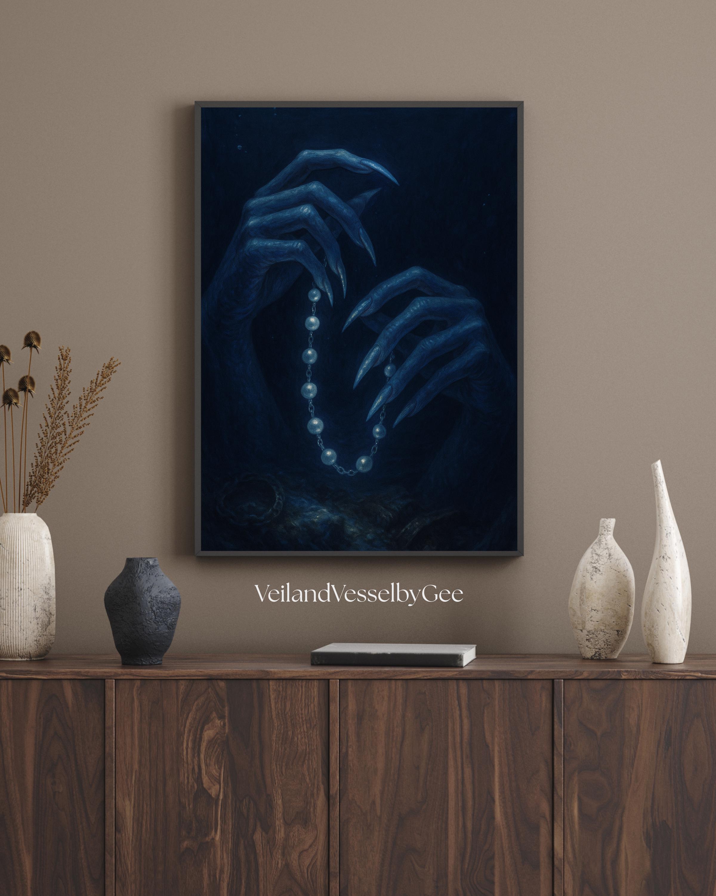 Gothic Siren Art Print: Dark Ocean Fantasy, Mermaid Pearl Necklace ...