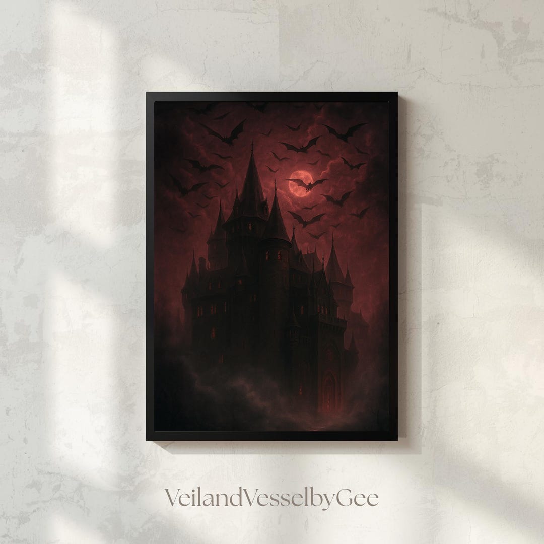 Gothic Dark Fantasy Print, Bats and Castle Wall Art, Full Moon Home ...