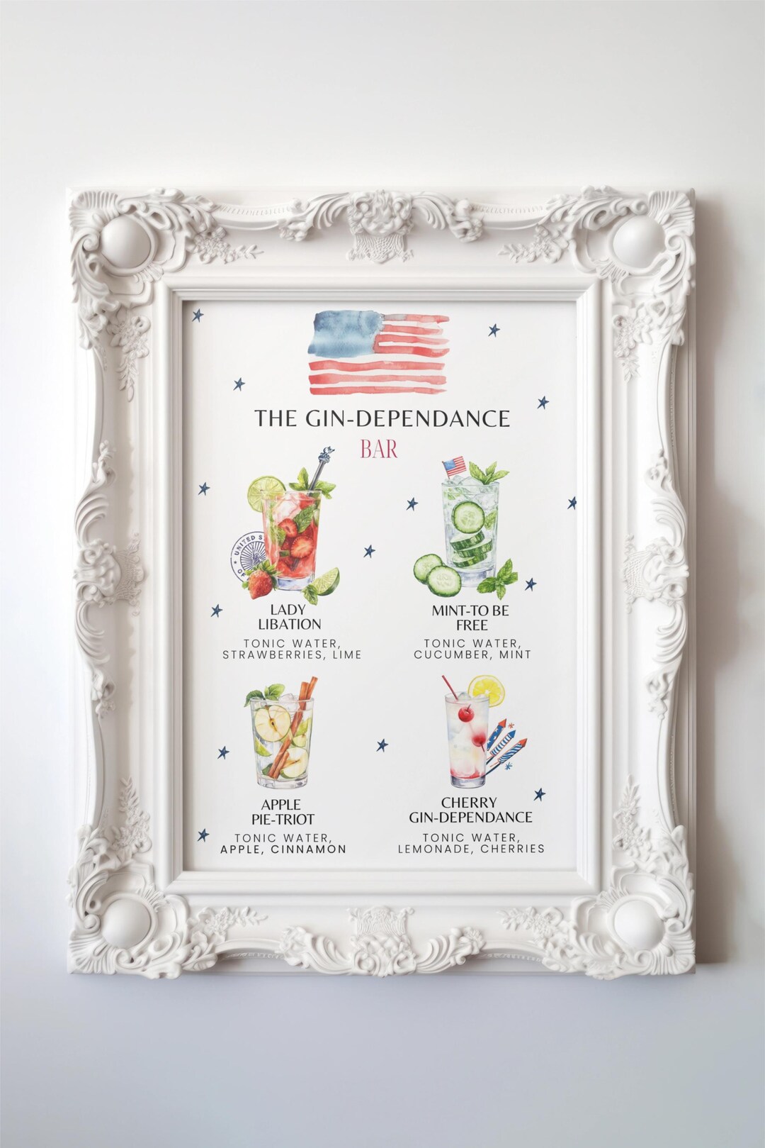 Fourth of July Decore Gin Bar Menu Sign. Instructions + FREE Coasters ...