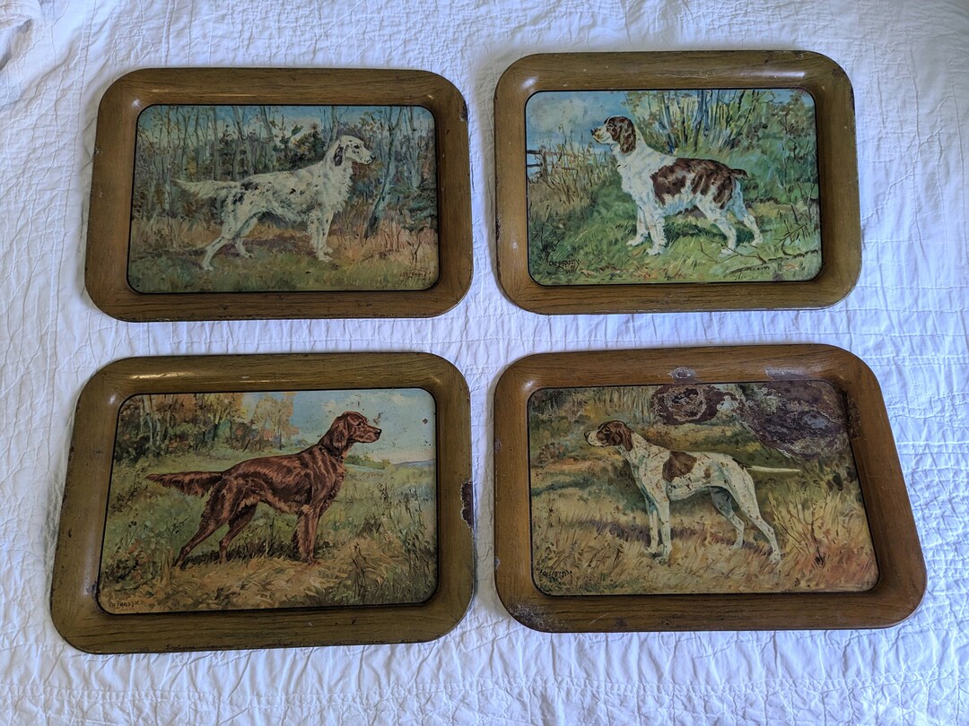 Four Vintage Metal Hunting Dog Trays Ole Larson 1940s Dog Trays Vintage ...