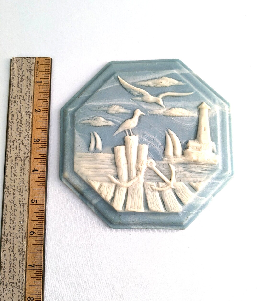 Faux Marble Pier Seagulls Plaque ~ Blue and White Octagon Nautical Wall ...