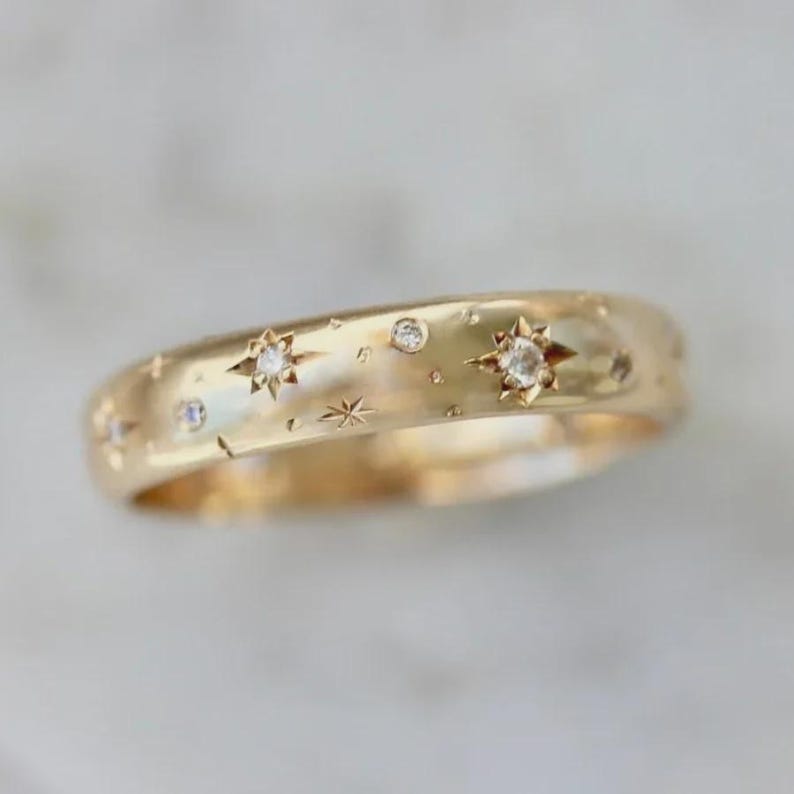 Vintage Starburst Wedding Band for Her CZ Diamond Band Gift His Her Wedding Ring Alternative ...