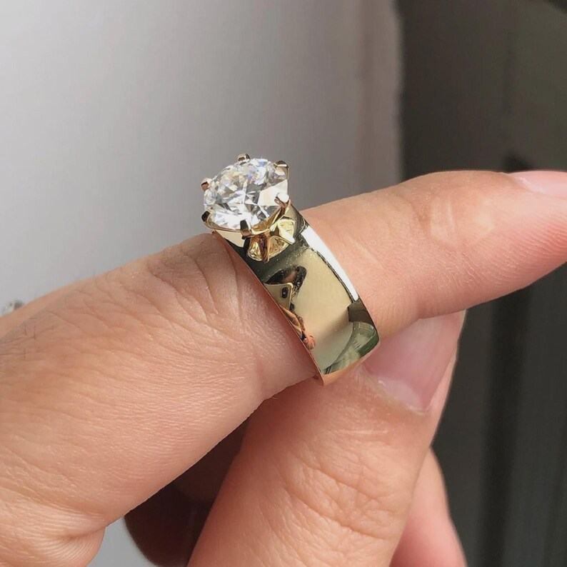 Wide Band Solitaire Diamond Ring / 8 MM Round Cut Diamond Men's Wedding ...