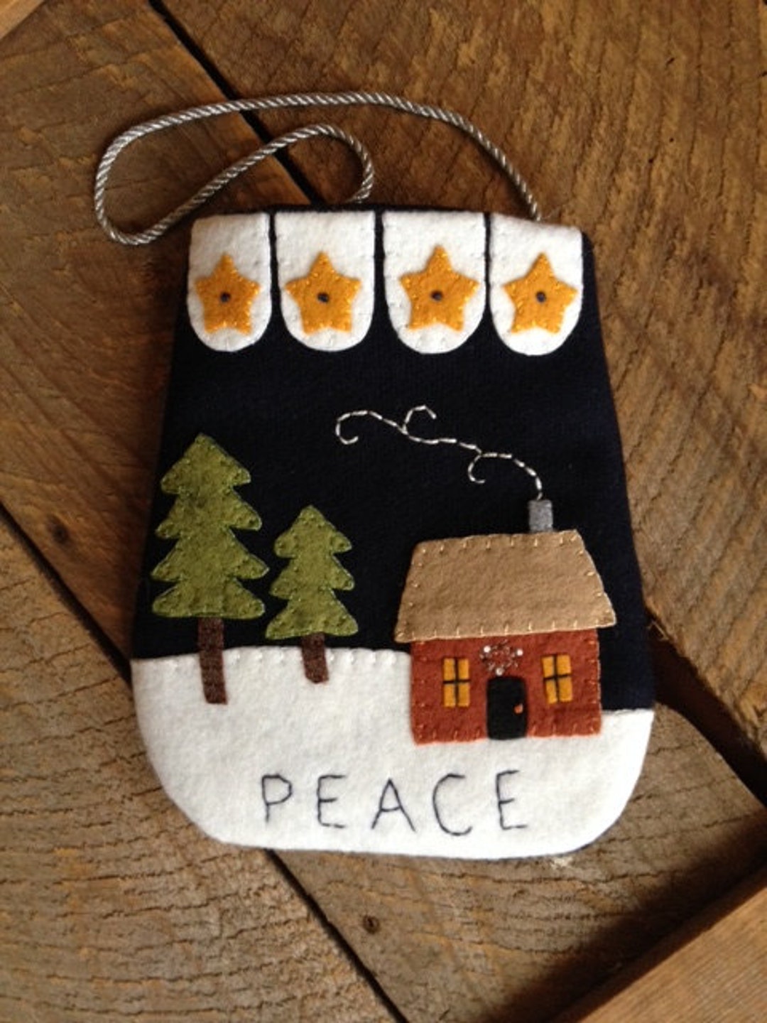 Christmas Wool Applique Penny Rug PEACE Ditty Bag Primitive Folk Art ...