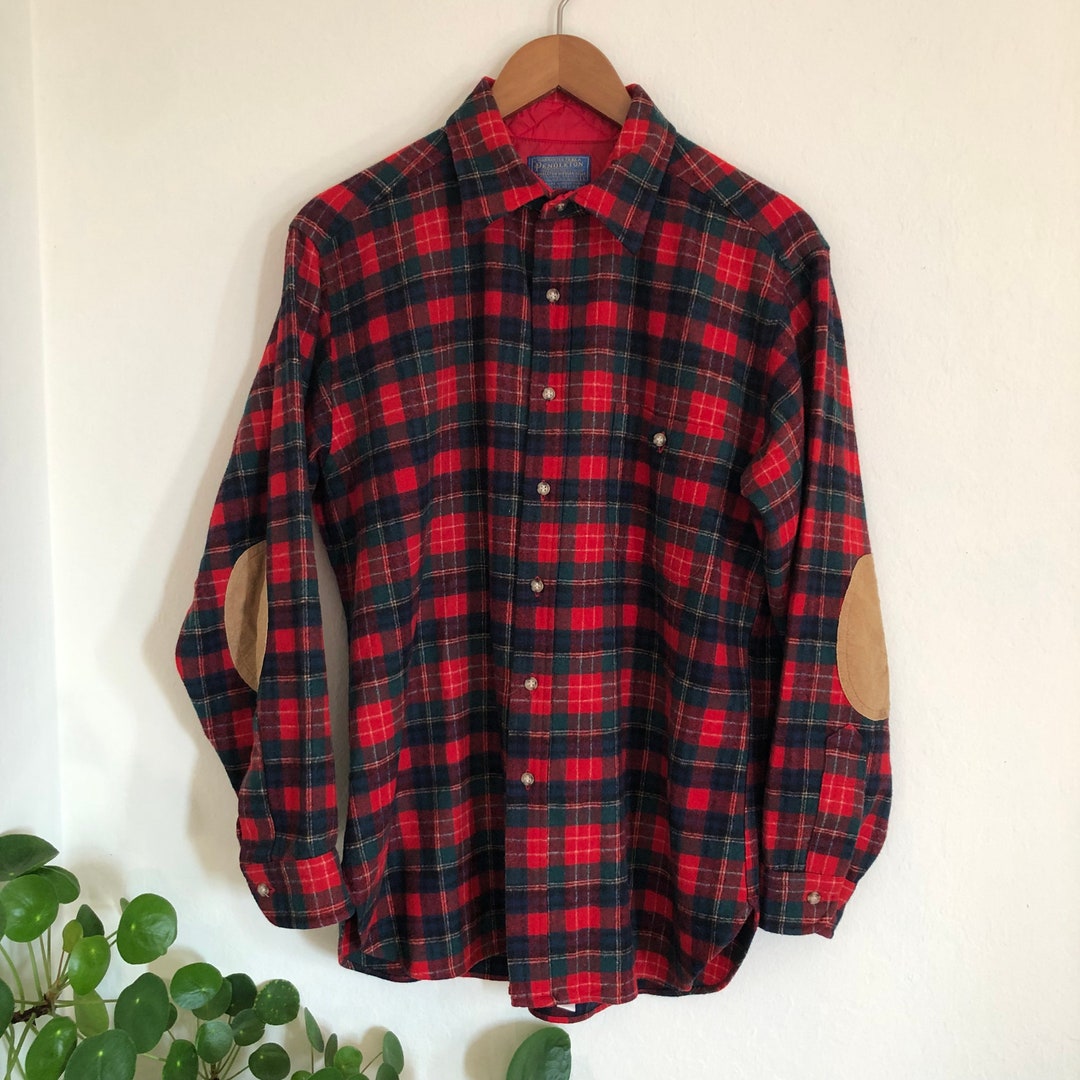 Vintage Pendleton Flannel L Men’s Red Plaid Wool Shirt With Suede Elbow ...