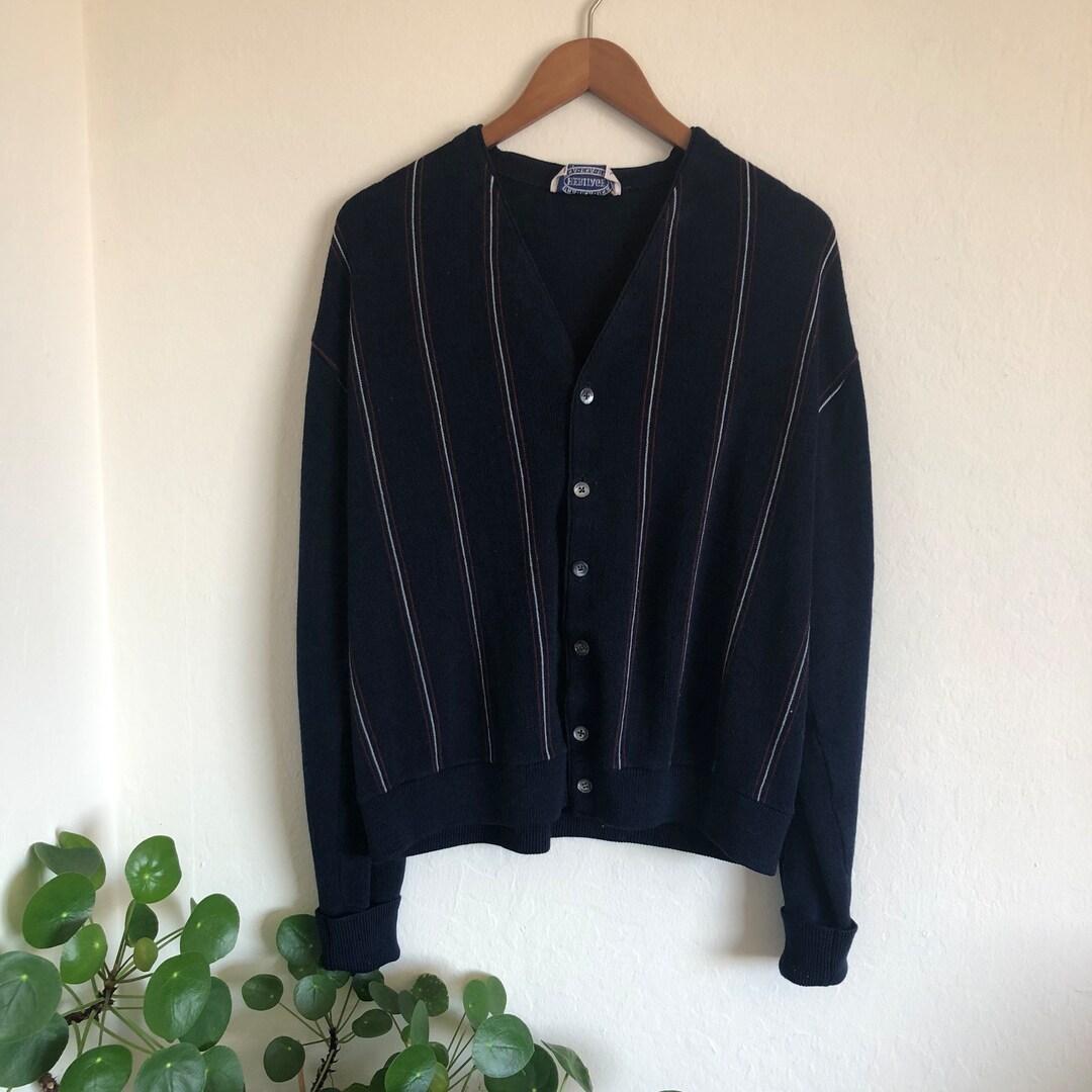 Vintage Striped Cardigan L Navy Blue Oxblood Burgundy Maroon Striped V ...