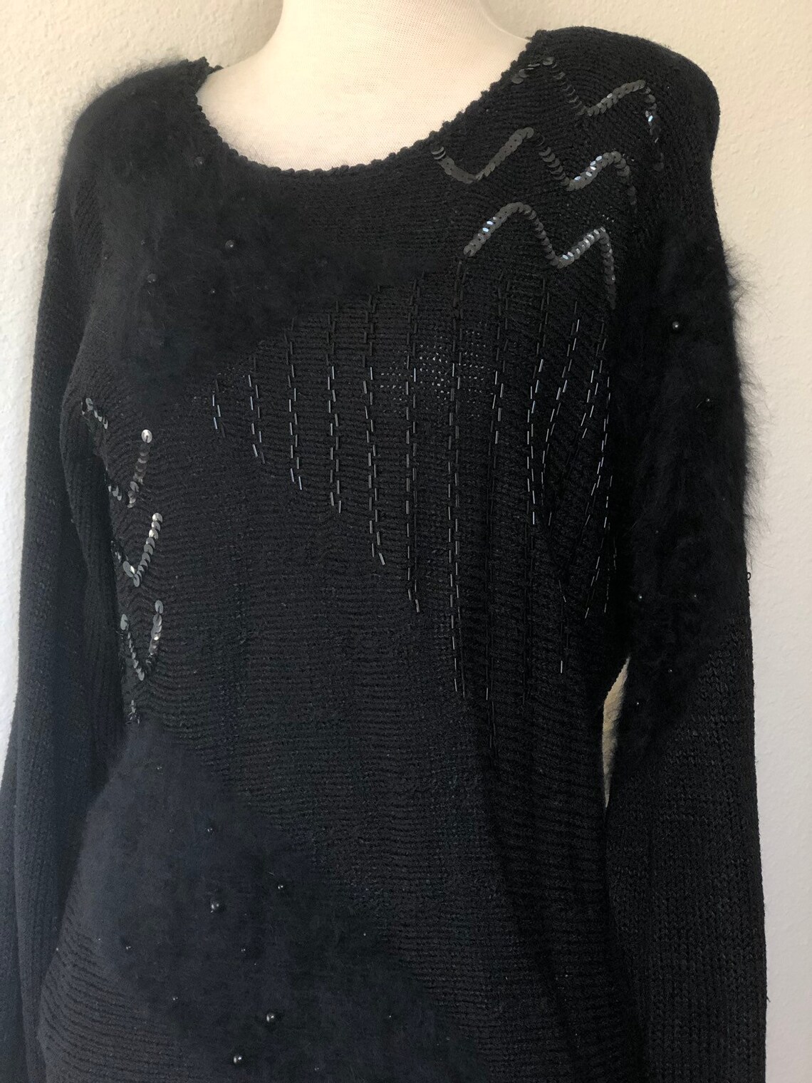 Vintage Black Beaded Angora Sweater 80s Glam 1980s Embellished - Etsy