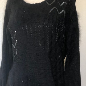 Vintage Black Beaded Angora Sweater 80s Glam 1980s Embellished Sequin Black Sweater Dolman ...