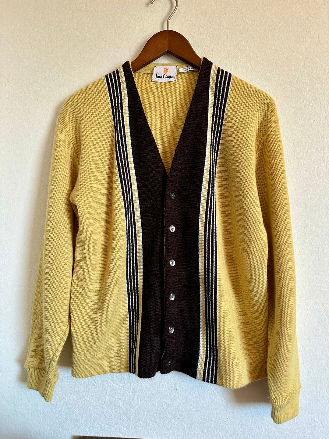 Vintage Striped Cardigan 60s Mod Vertical Stripe Sweater in Yellow and ...
