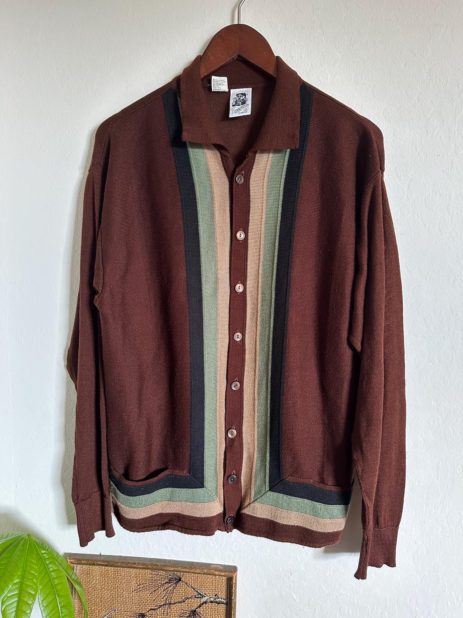 Vintage Striped Cardigan Collared Button up Sweater Brown Green Black ...