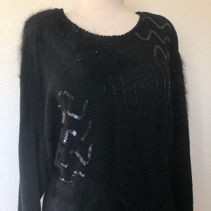 Vintage Black Beaded Angora Sweater 80s Glam 1980s Embellished Sequin Black Sweater Dolman ...