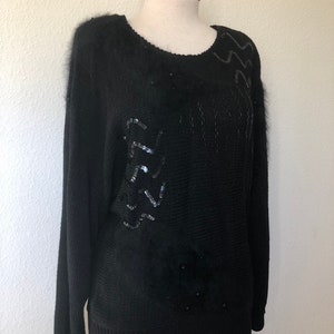 Vintage Black Beaded Angora Sweater 80s Glam 1980s Embellished Sequin Black Sweater Dolman ...