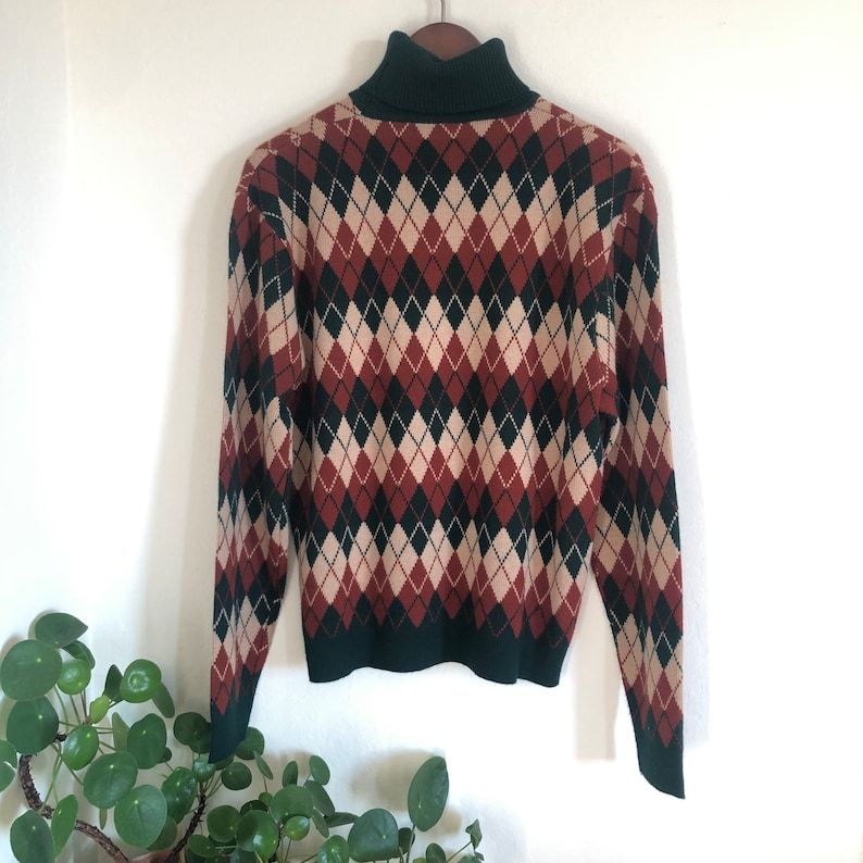 Vintage Argyle Sweater Turtleneck Forest Green Rust and Khaki Soft Diamond Sweater 60s Mod ...
