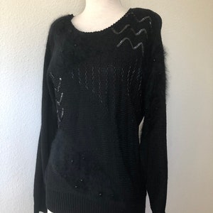 Vintage Black Beaded Angora Sweater 80s Glam 1980s Embellished Sequin Black Sweater Dolman ...