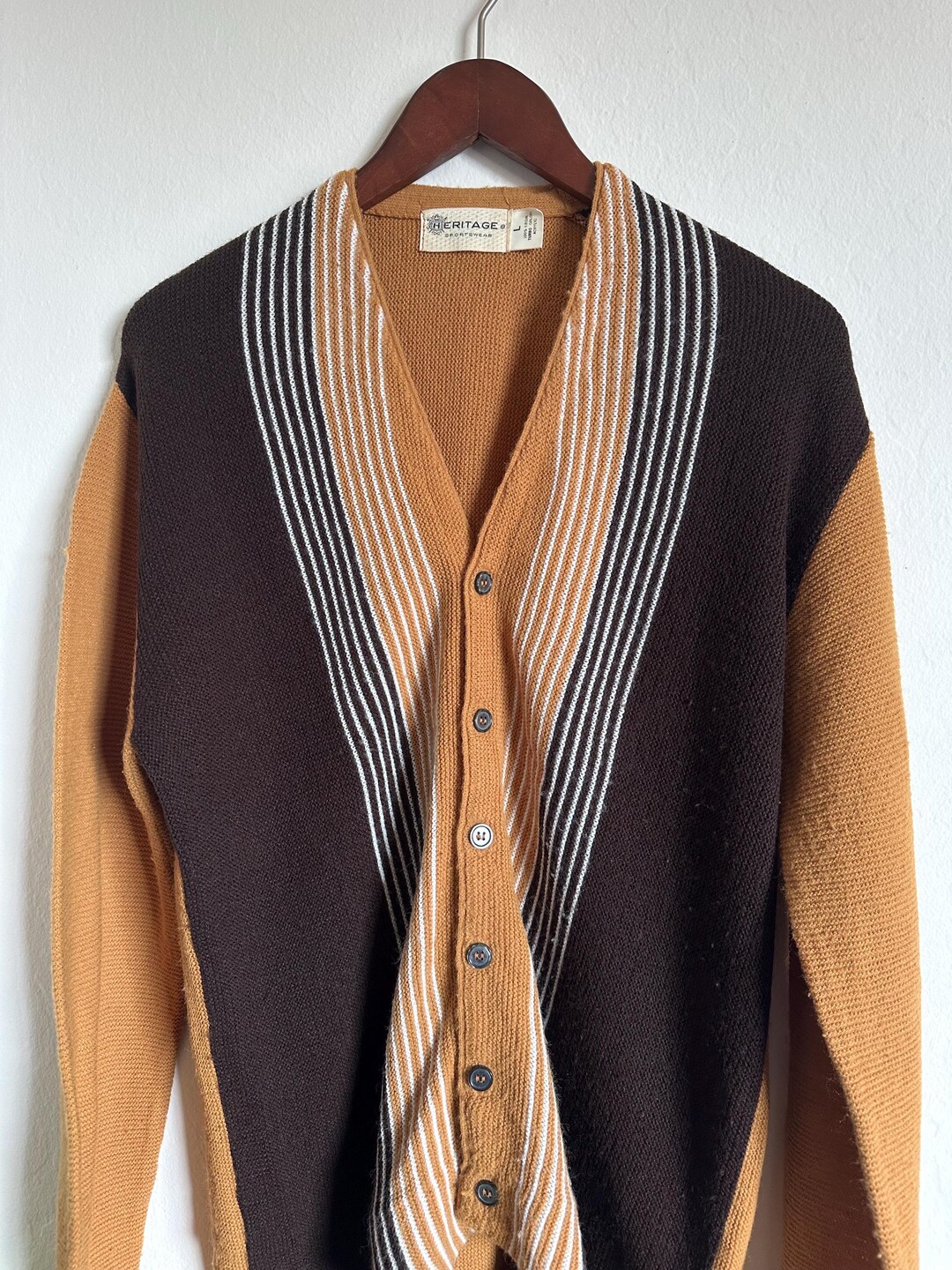 Vintage Striped Cardigan Vertical Stripe V-neck Sweater Brown 60s Mod ...