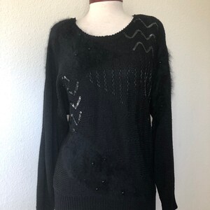Vintage Black Beaded Angora Sweater 80s Glam 1980s Embellished Sequin Black Sweater Dolman ...