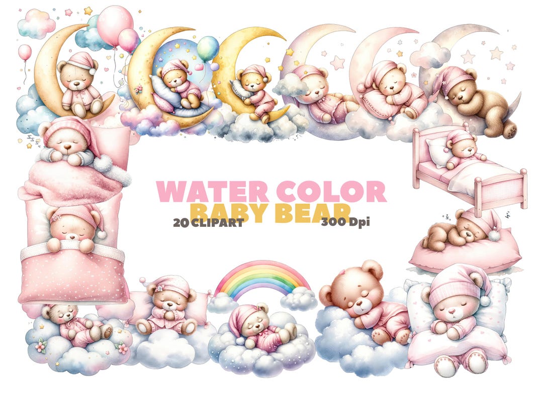 Sleepy Bear Clipart Set: Nursery Animal PNG Images (digital Download ...