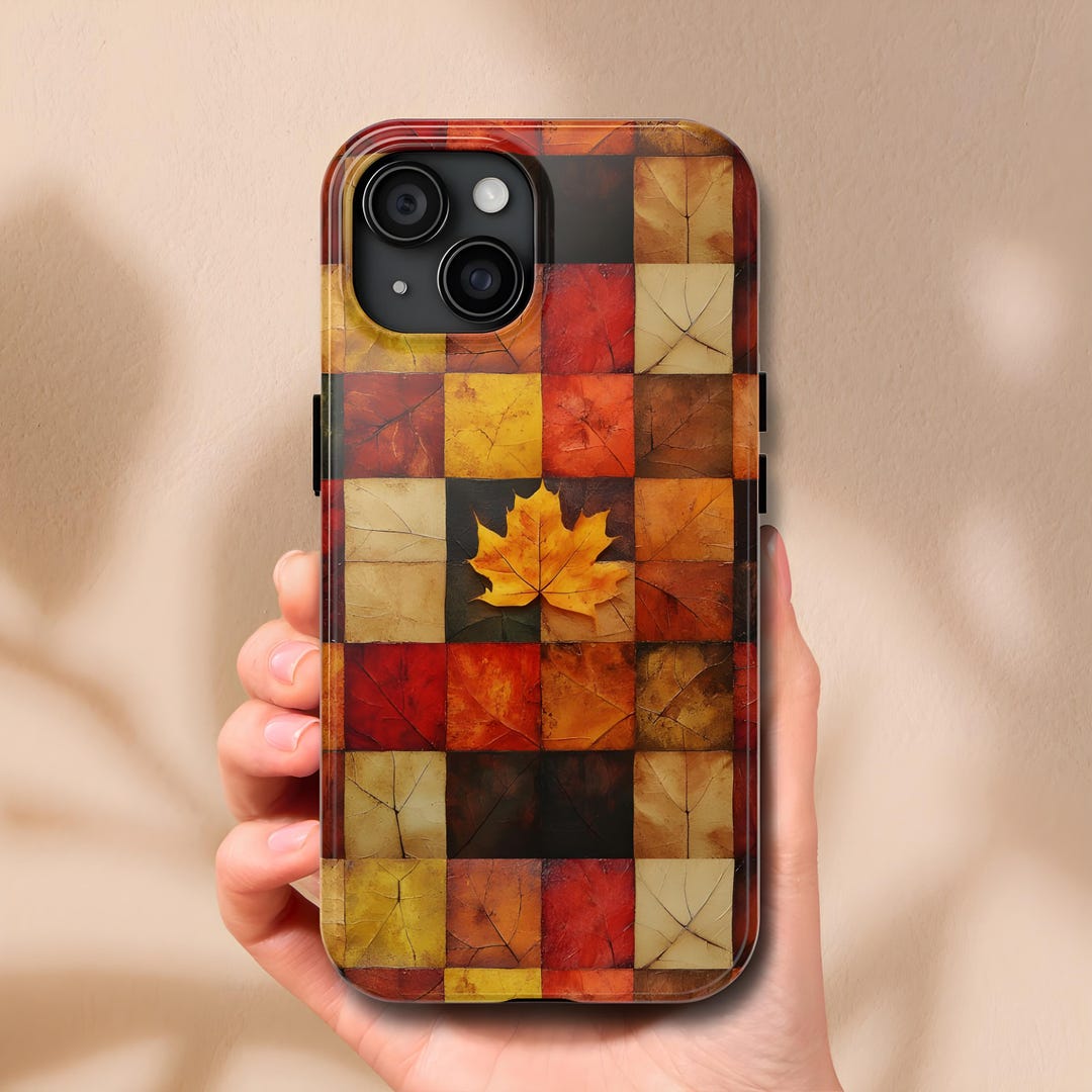 Fall Leaves Phone Case, Aesthetic Checkered Autumn Leaf Design in Warm ...