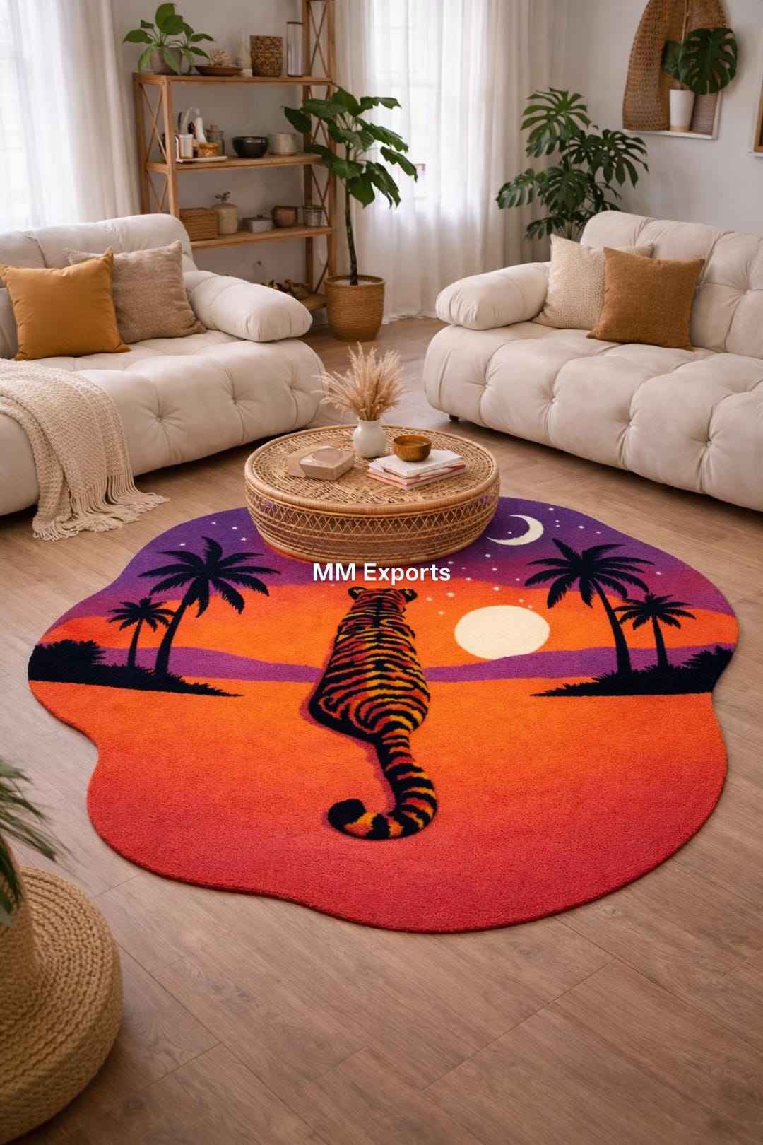 Sunset Tiger Tufted Rug, Irregular Shape Animal Art Carpet, Colorful ...