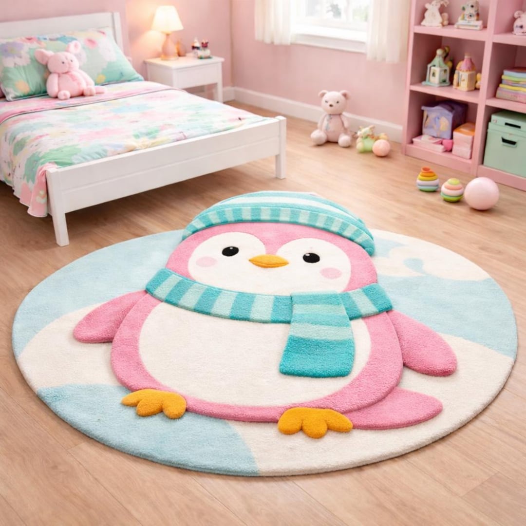 Cute Penguin Tufted Rug, Kids Room Cartoon Carpet, Nursery Floor Rug ...