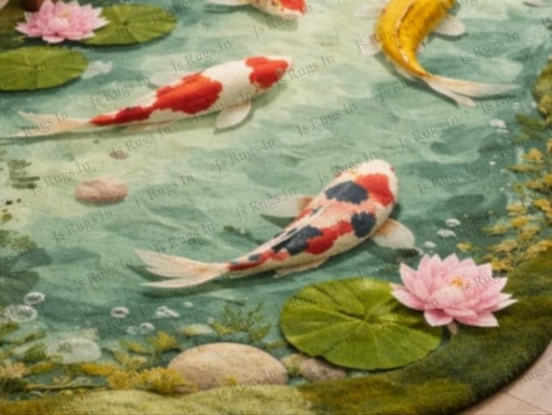 Hand Tufted Wool Koi Fish Rug, Lotus Pond Carpet - Etsy