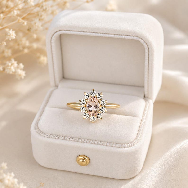 14k Gold Sunburst Morganite Halo Ring • Minimalist Ring• Engagement ...