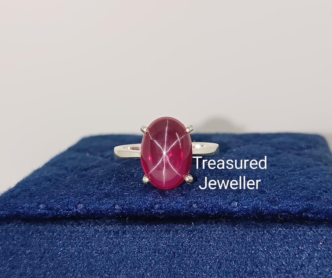 Oval Red Star Ruby Ring, Lab Grown Star Ruby Ring, 925 Silver Solitaire ...