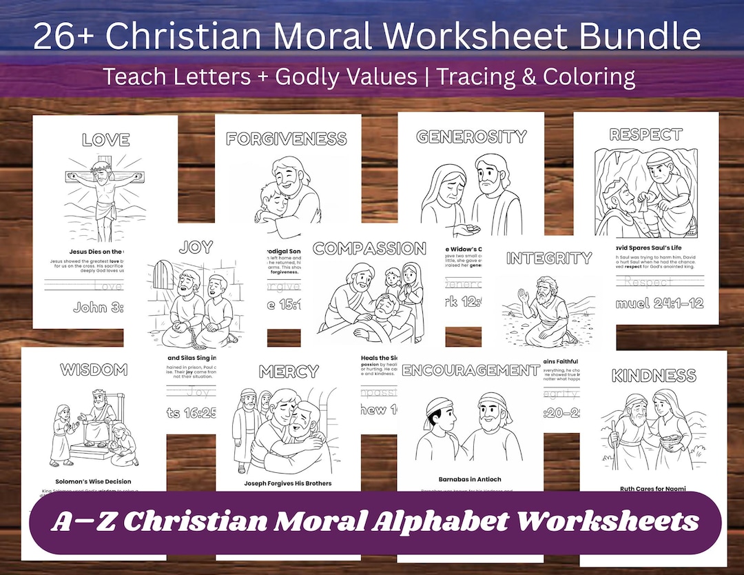 Christian Morals Worksheet A-Z, Coloring and Tracing Worksheets: Bible ...