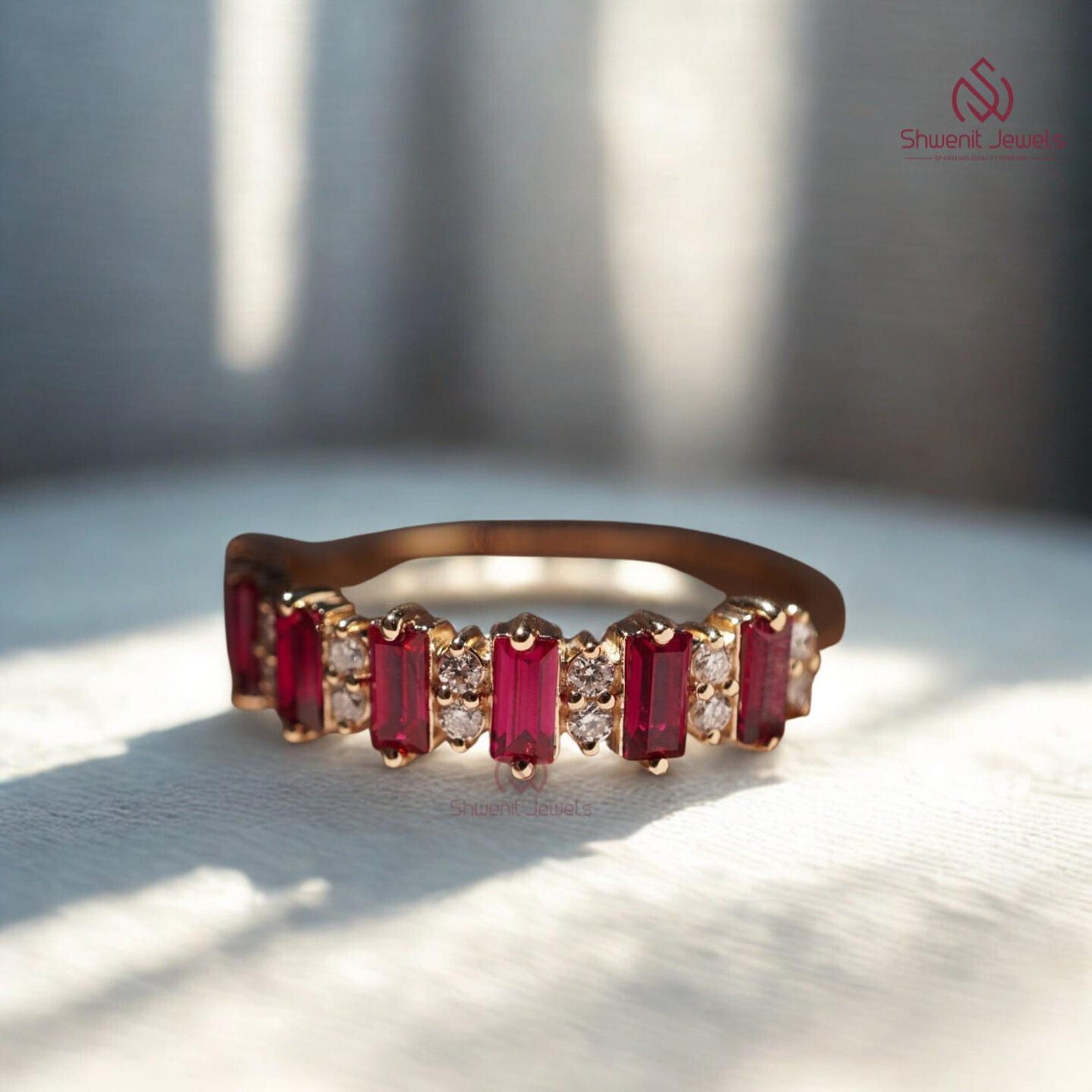 1CT Baguette Ruby Moissanite Half Eternity Ring, 14K Gold Stackable ...