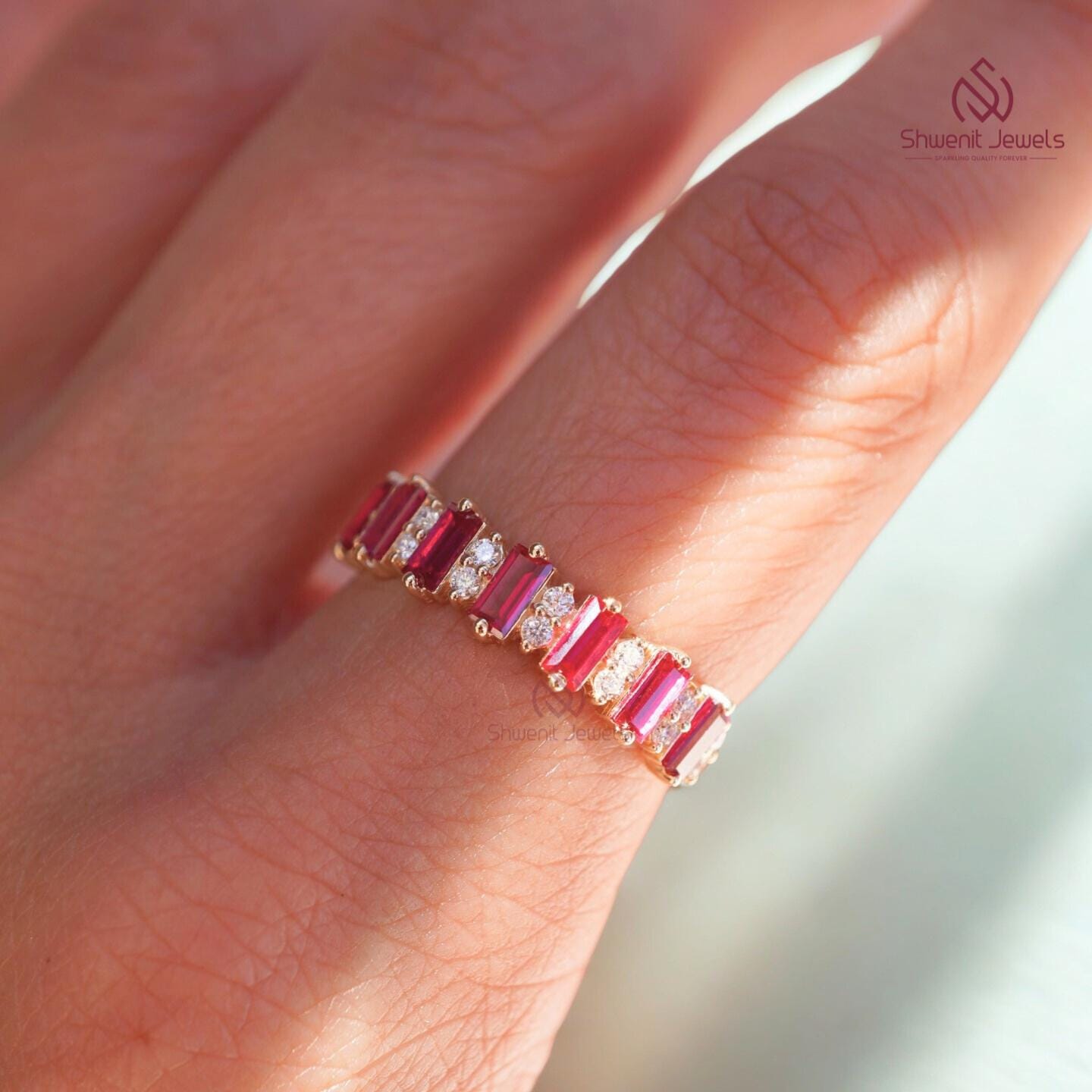 1CT Baguette Ruby Moissanite Half Eternity Ring, 14K Gold Stackable ...