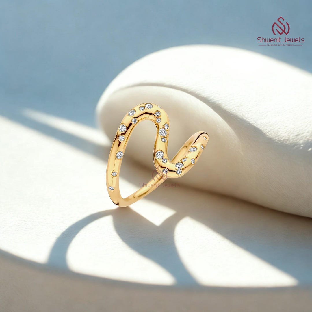 0.10 CT Moissanite Gold Wave Ring, Adjustable Hammered Texture Ring ...
