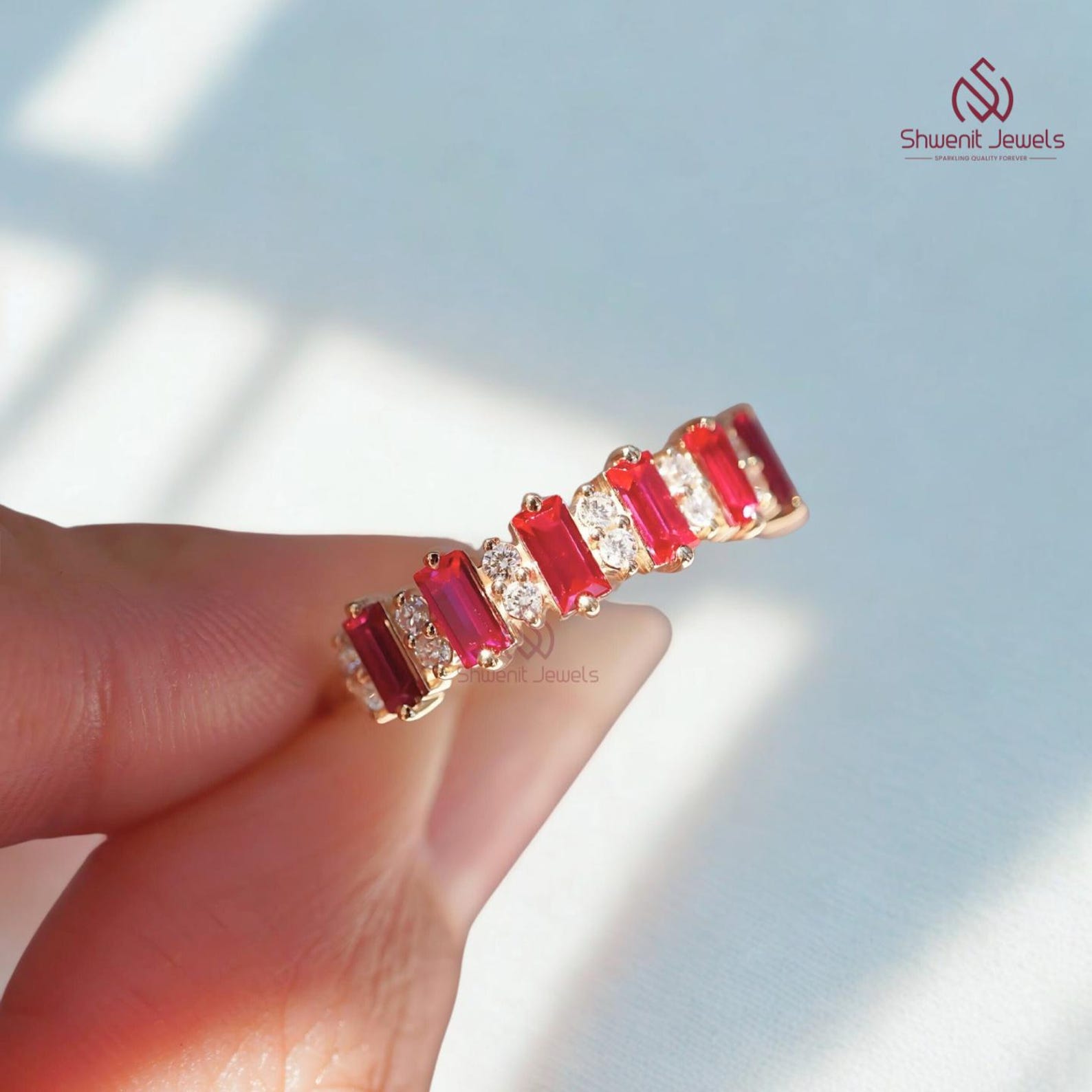 1CT Baguette Ruby Moissanite Half Eternity Ring, 14K Gold Stackable ...