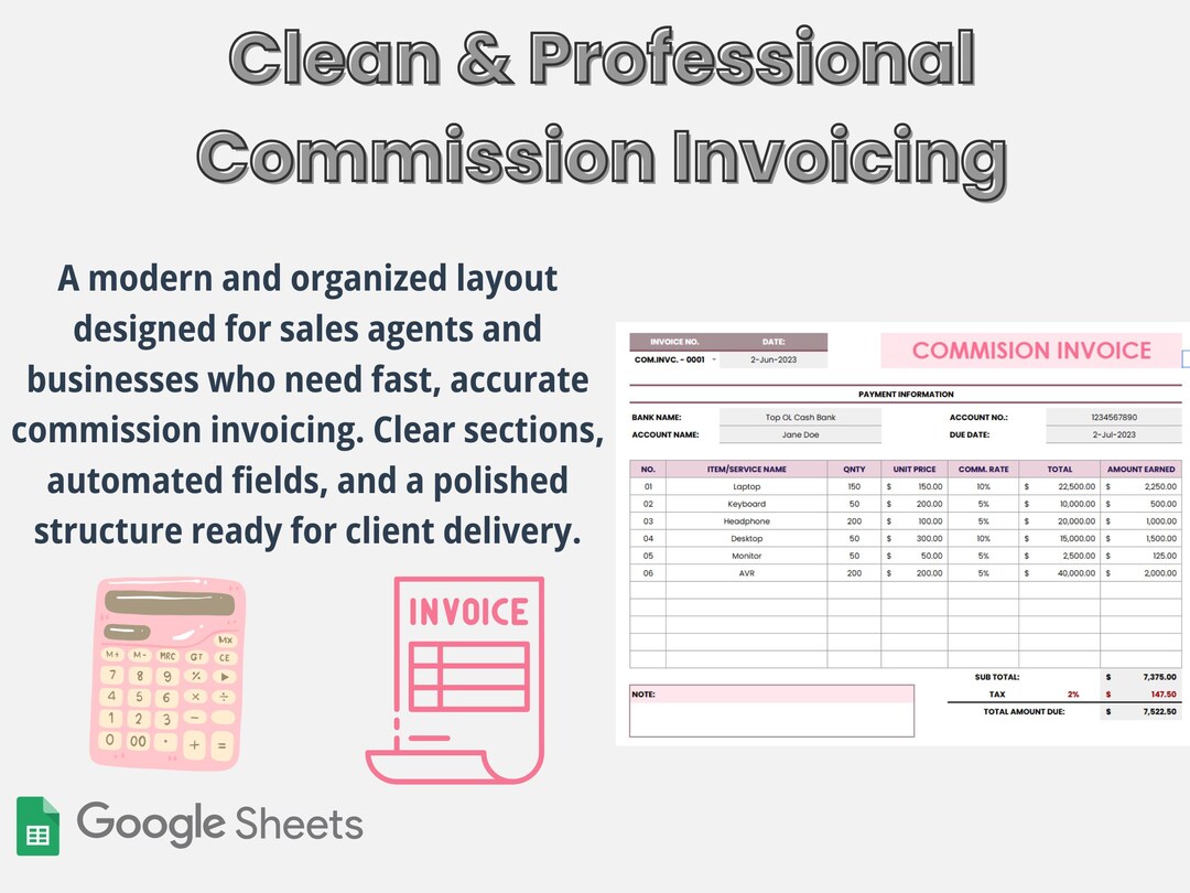Commission Invoice Template | Google Sheets Sales Commission Receipt - Etsy